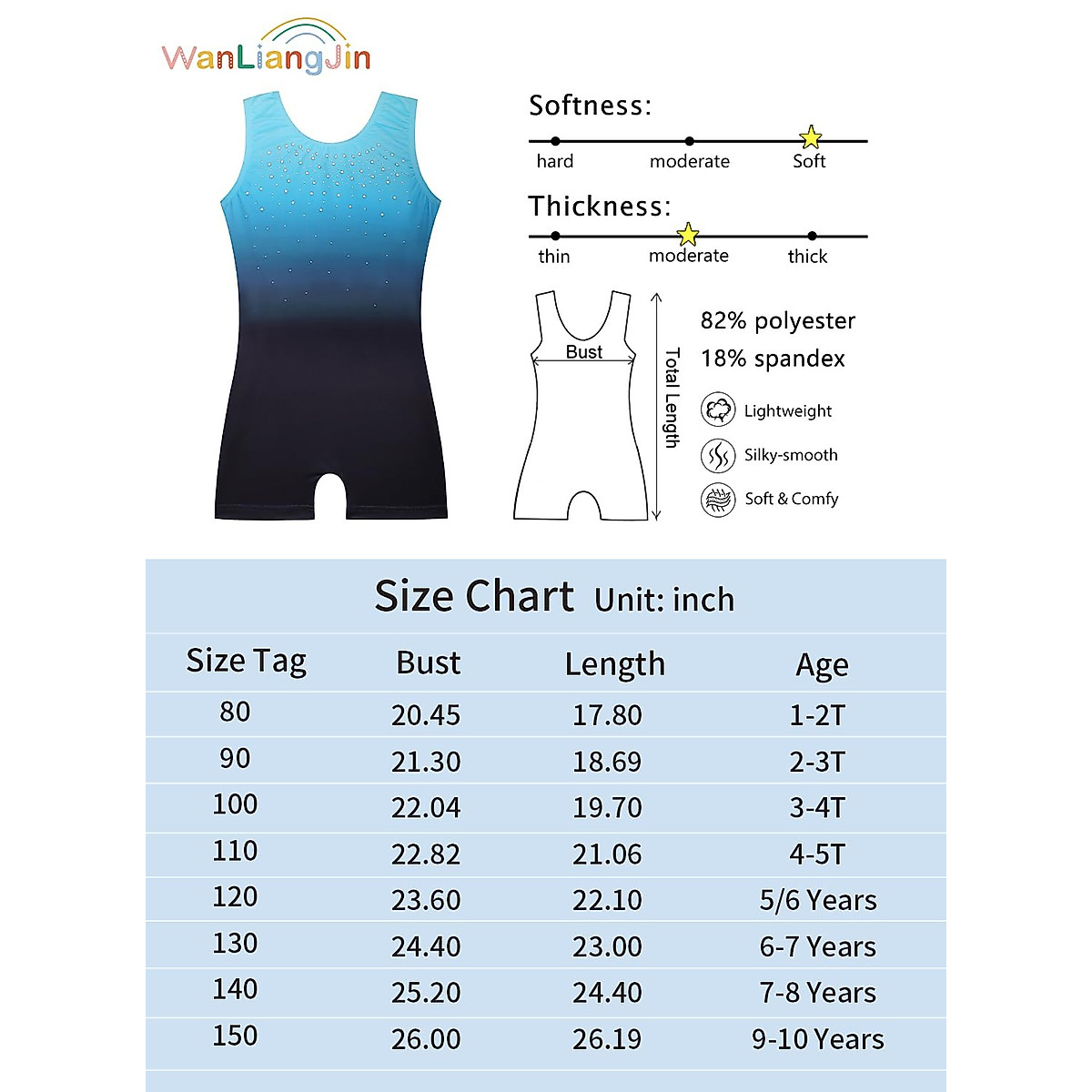 WanLiangJin Toddler Girls Gymnastics Leotards Size 8-9 9-10 8-10 Years Kids Blueblack Biketards Sparkly Rhinestone Diamante Athletic Tumbing Class Ropa de Gimnasia para niñas Sport Activewear