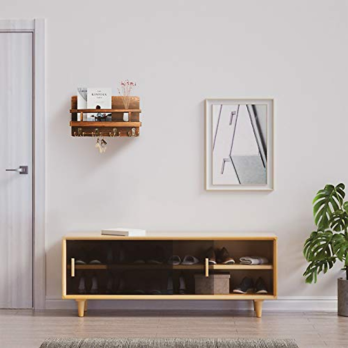 Key Holder for Wall Wooden Mail Holder for Wall Rustic Key Hanger for Wall Key Rack with 4 Double Key Hooks and A Floating Shelf Home Decor Mail Organizer Wall Mount for Entryway - All Solid Pine Wood