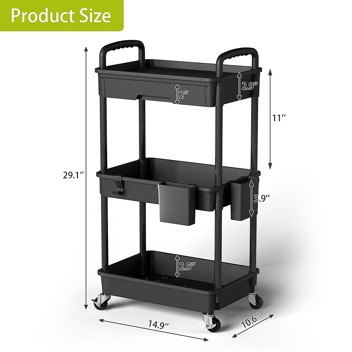 SORGION 3 Tier Rolling Cart Organizer,Laundry Room Bathroom Organizers and Storage Office Shelves Mobile Shelving Unit Kitchen Trolley Cart with Wheels for Art,Craft,Diaper,Bedside,Snack(Black)