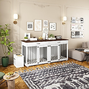 MOOLIVE Large Double Dog Crate Furniture, 72.4" Wooden Dog Crate Furniture with Divider and 2 Drawers, XXL Heavty Duty Dog Crates Furniture for 2 Medium or Large Dogs Indoor, White + Walnut