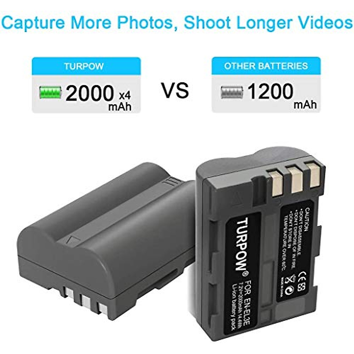 2Packs EN-EL3E 2000mAh Battery and Dual Slot Charger Compatible with Nikon D50, D70, D70s, D80, D90, D100, D200, D300, D300S, D700 D900 MH-18, MH-18a, MH-19, MB-D200, MB-D10 & More Digital SLR Camera