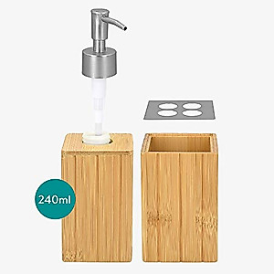 Navaris Bamboo Bathroom Accessories Set - 3-Piece Bath Set with Toothbrush Holder, Liquid Soap Dispenser, Soap Dish - Bath Accessory Trio 3 Pieces