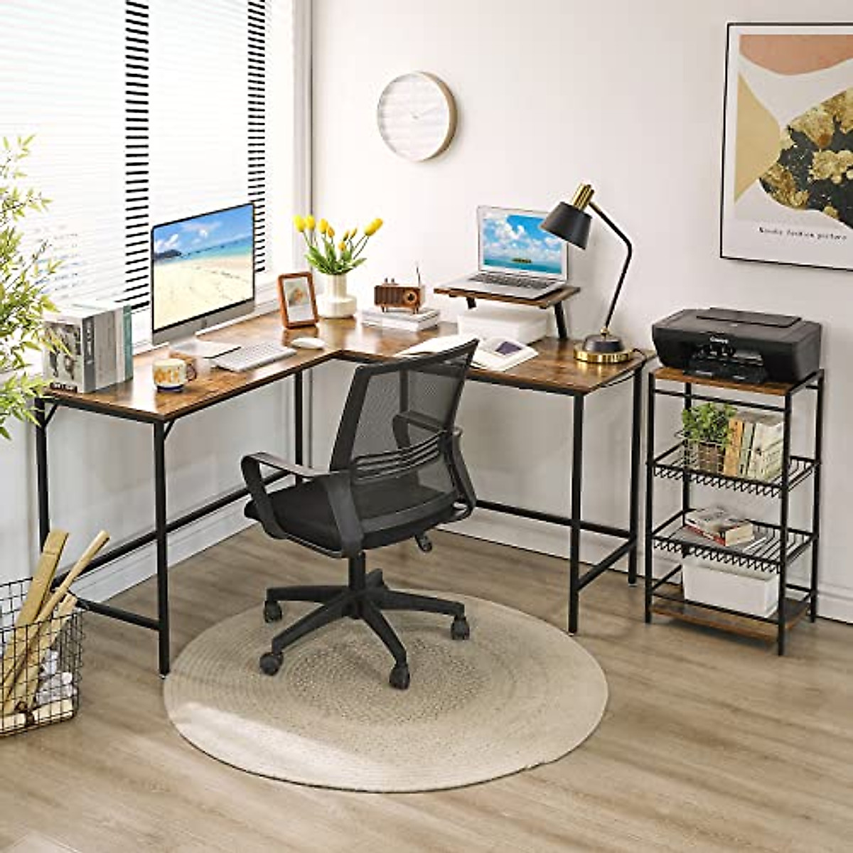 IBUYKE Industrial 53-Inch L-Shaped Computer Desk with Monitor Stand, Large Modern Corner Desk, Study Writing Workstation for Home Office, Space-Saving Gaming Table, Easy Assembly UTMJ052H