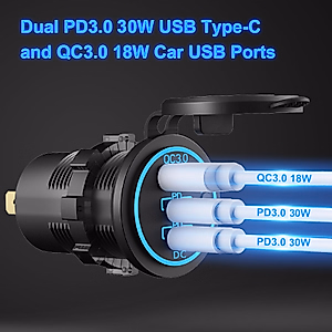 12V USB Outlet Wire USB Charger Multi Port, Dual PD3.0 USB-C and Quick Charge3.0 Car USB Port Socket with Power Switch, Fast Charge for iPhone iPad Android Phones, Suitable for Car Boat RV Marine ATV