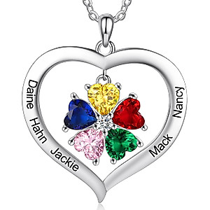 Personalized Name Necklace for Mother Daughter - Custom 1-8 Birthstone Necklace for Mothers Day Gifts - Heart Name Necklace for Women Family Mom Grandmother Necklace (5 Birthstones, Necklace-1)