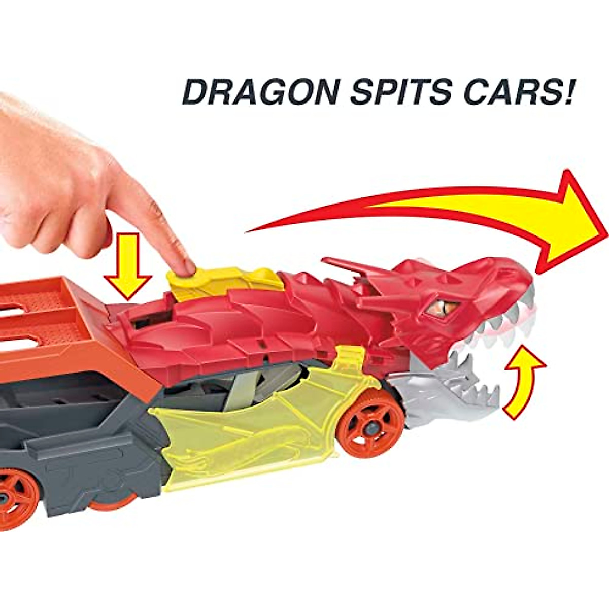 Hot Wheels Toy Car Track Set City Dragon Launch Transporter & 1:64 Scale Car, Stores Up to 5 Vehicles