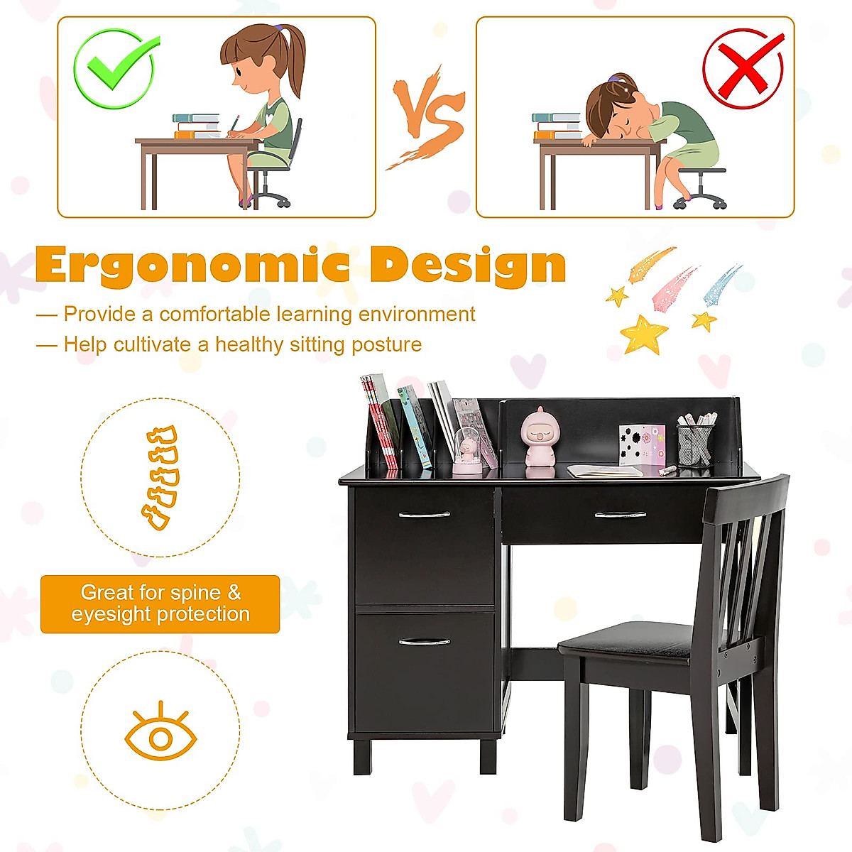 HONEY JOY Kids Desk and Chair Set, Wooden Children School Study Table and Chair w/Drawer, Storage Shelf & Cabinets, Student Computer Workstation Writing Desk for Bedroom, 3-8 Years Old (Dark Brown)