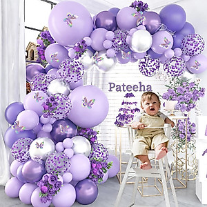 Pateeha Baby Shower Decorations for Girl 140 Pcs Purple Balloon Garland Kit Lavender Metallic Purple Silver Balloon Arch 12 Pcs Butterfly Stickers for Wedding Birthday Party Decorations