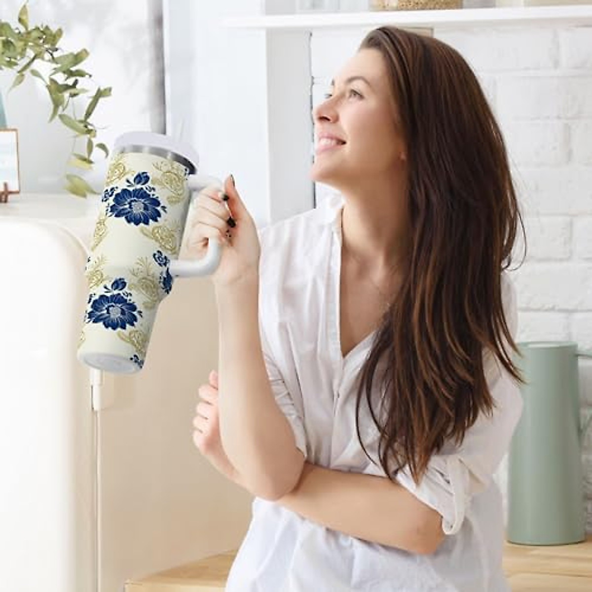 RPLIFE Blue and White Floral Tumbler Cup, Stainless Water Bottle, Water Tumbler with Straw