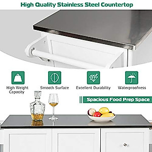 Giantex Kitchen Island with Stainless Steel Countertop, Kitchen Cart Rolling Trolley with Towel Holder and Spice Rack, 3 Drawers, Adjustable Shelves, 2-Door Cabinet, Ample Storage Table (White)