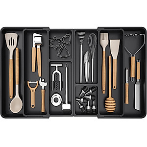 Lifewit Large Utensil Organizer for Kitchen Drawer, Expandable to 36 Inches Wide, Adjustable Cooking Silverware Tray, Plastic Cutlery Flatware Holder, Spatula Tools and Gadgets Storage Divider, Black