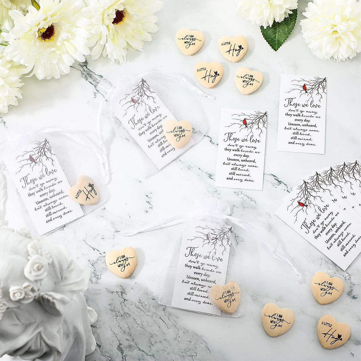 Fumete 50 Sets Funeral Gift Favors for Guests, Wooden Heart Token with Sheer Organza Bags and Red Cardinal Greeting Cards for Church Favors Christmas Family Funeral Pocket Hug Gifts