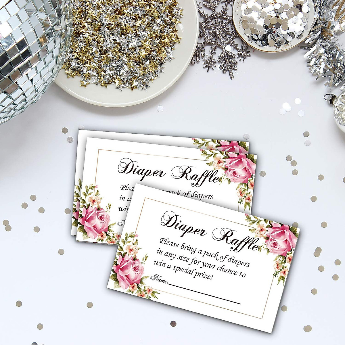 Diaper Raffle Tickets for Baby Shower (50 Count) 3.5" x 2" with Name Line, Pink Flower Design