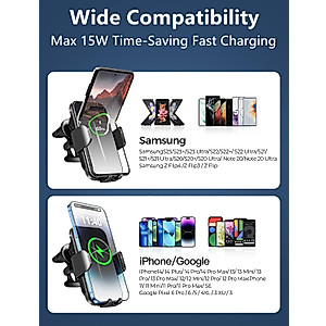 Wireless Car Charger for Samsung Galaxy Z Flip, 15W Charging [AUTO Moving Coil], Dash Air Vent Auto-Clamping Car Phone Holder Charger Mount Wireless Charging for iPhone 15/14/13, Galaxy Z Flip 5/4/3