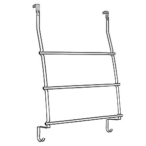 mDesign Adjustable Metal Over Door Towel Rack Holder for Shower and Bath, 3 Tier Rod Hanger with 2 Hooks for Bathroom - Hang Towel, Blanket, Washcloths, Loofahs, Sponges on Back of Door - Chrome