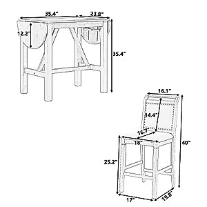 RUNNA Farmhouse 3-Piece Counter Height Dining Table Set with 2 Upholstered Chairs and Extendable Drop Leaf,Wood Kitchen Table for Small Place Use (White#A)