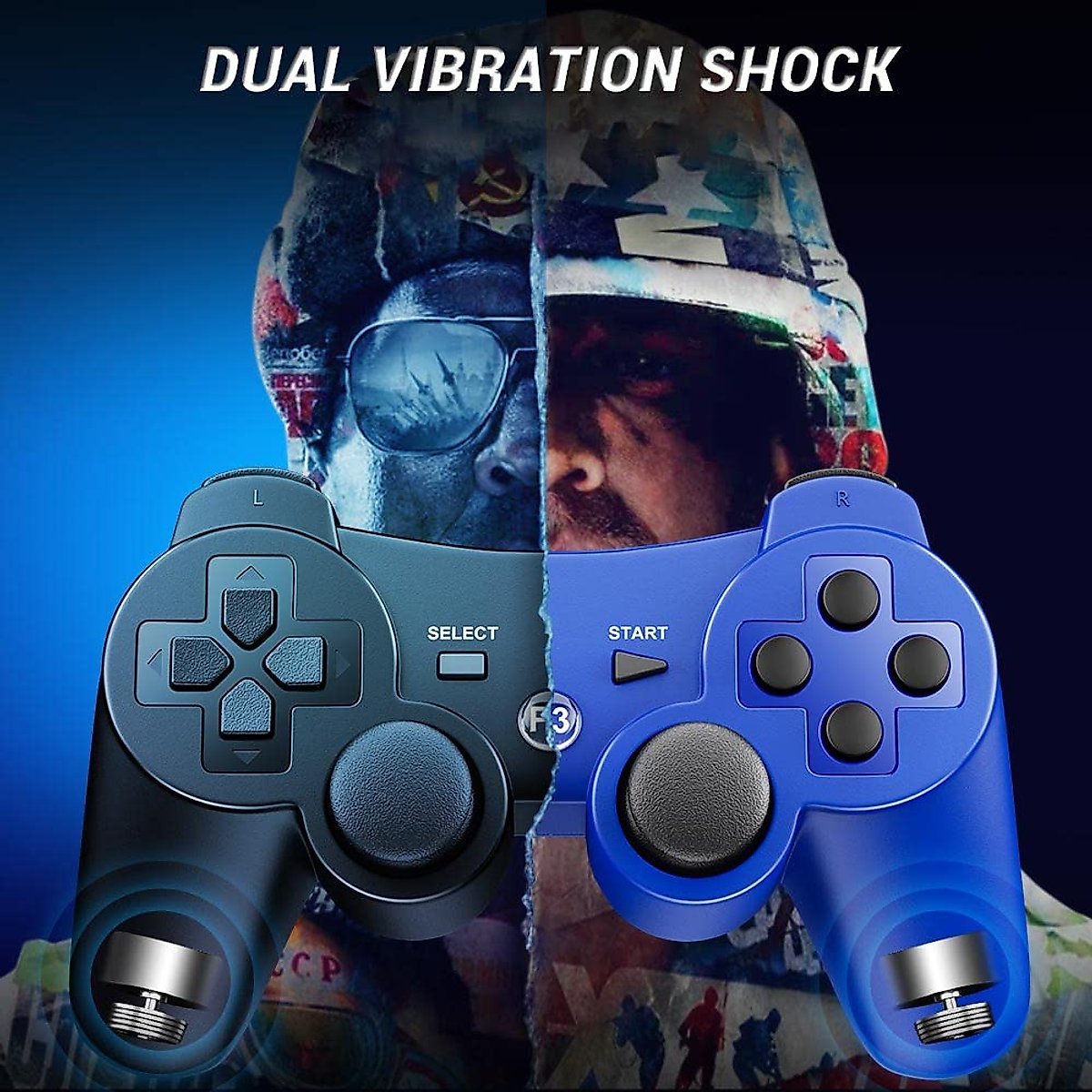 OKHAHA Controller 2 Pack for PS3 Wireless Controller for Sony Playstation 3, Double Shock 3, Bluetooth, Rechargeable, Motion Sensor, Remote for PS3 (No Stripes(Black + Blue))