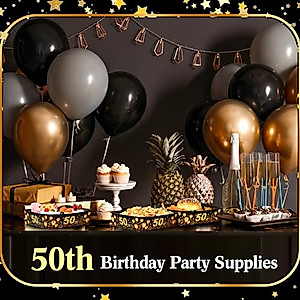 Tenceur 50 Pcs 50th Birthday Party Supplies Trays 5 lb Black and Gold Large Paper Boats for Food Disposable Snack Serving Nacho Trays for Men Women Happy 50 Years Birthday Party Supplies
