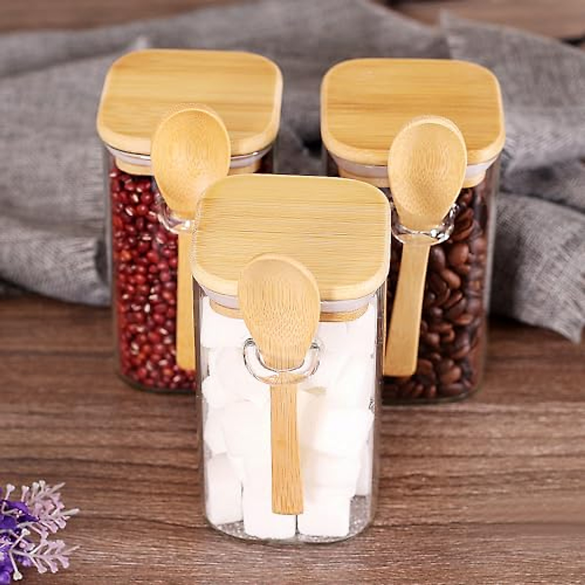 SAIOOL Glass Jars Set of 3 * 15 OZ-Food Storage Containers Clear Kitchen Canister with Bamboo Spoon Airtight For Serving Candy,Coffee Tea, Flour, Sugar, Cookie, Cereal(Square