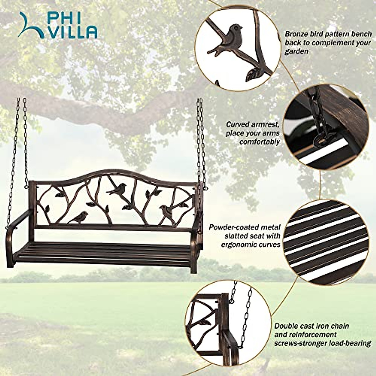 PHI VILLA Outdoor Metal Porch Swing, Outdoor Steel Hanging Swing Chair Patio Bench Swing with Sturdy Chains & Bird Pattern Backrest, 450lbs Weight Capacity for Porch, Deck-Bronze