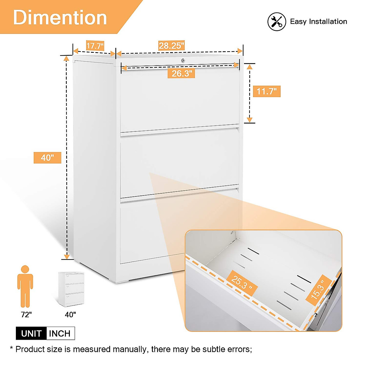 Aobabo 3 Drawer Lateral Steel File Organizing Cabinet with Locking System and Adjustable Hanging Bars for Letter/Legal Size Paper, White