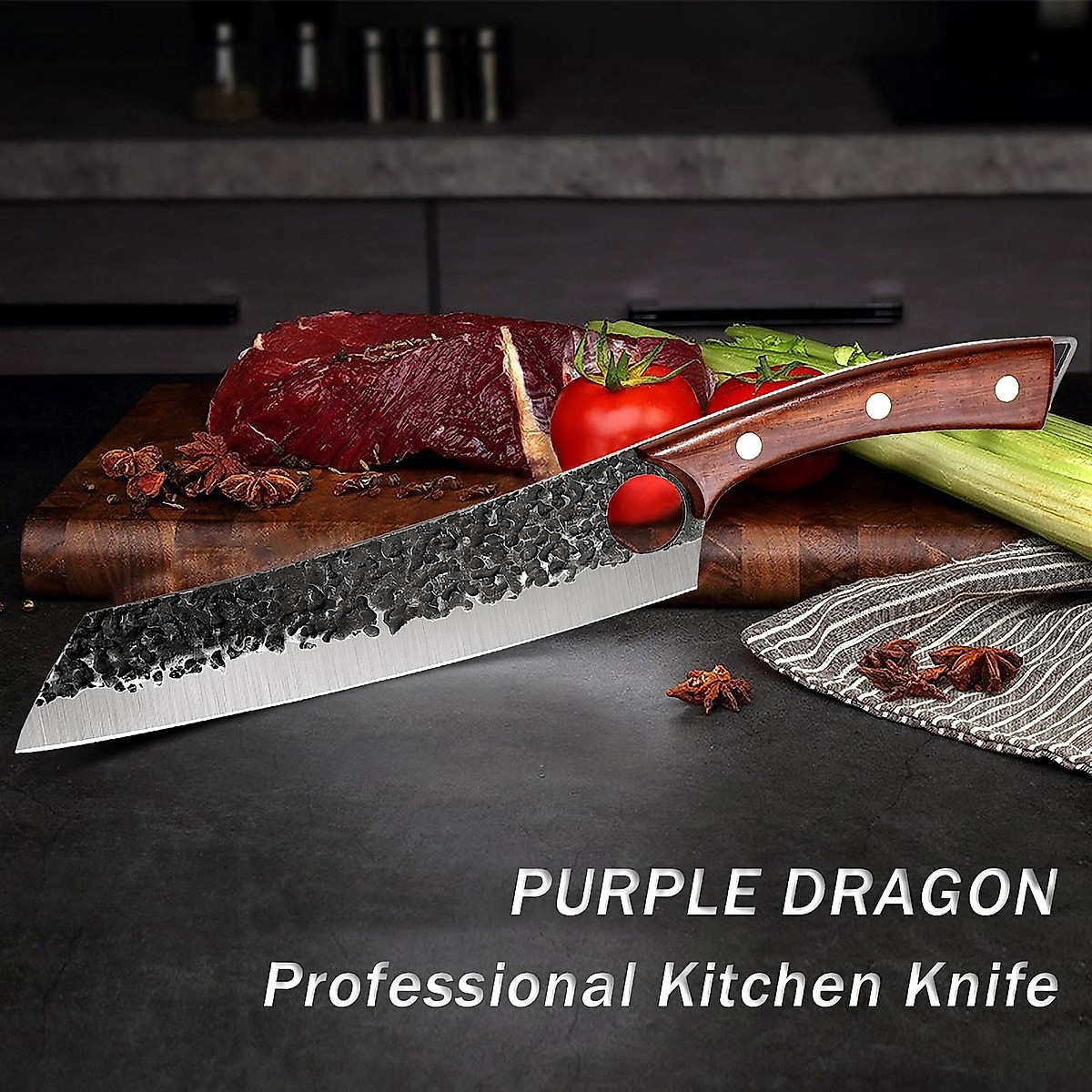 Purple Dragon 8Inch Ultra Sharp Butcher Knife with 8.5Inch Full Tang Vegetable Cleaver Knife