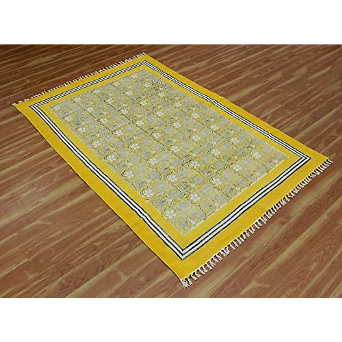 Casavani Indian Handmade Cotton Dhurrie Oriental Yellow & Beige Area Rug Boho Kilim Flat Weave Rug Indoor Hall Room Decor Carpet Throw Rugs for Bedroom Living Room Bathroom Balcony 4x10 Feet Runner