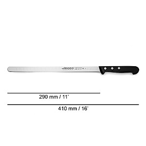 ARCOS Salmon Knife / Fish Knife 11 Inch Nitrum Stainless Steel and 290 mm blade. Ergonomic Polyoxymethylene POM Handle. Series Universal. Long, sturdy blade and serrated edge. Easily cuts. Color Black