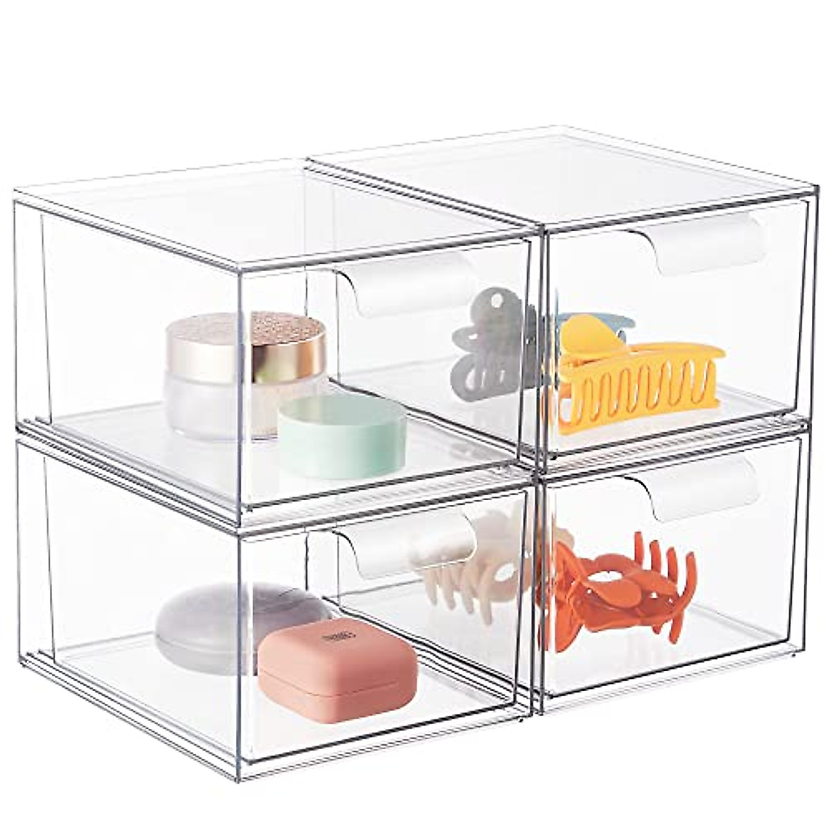 Syntus 4 Piece Set Stackable Makeup Organizer Drawers, 4.4'' Tall Acrylic Bathroom Storage Drawer, Plastic Cosmetics Storage Box for Vanity, Undersink, Skincare, Kitchen Cabinets, Pantry Organization