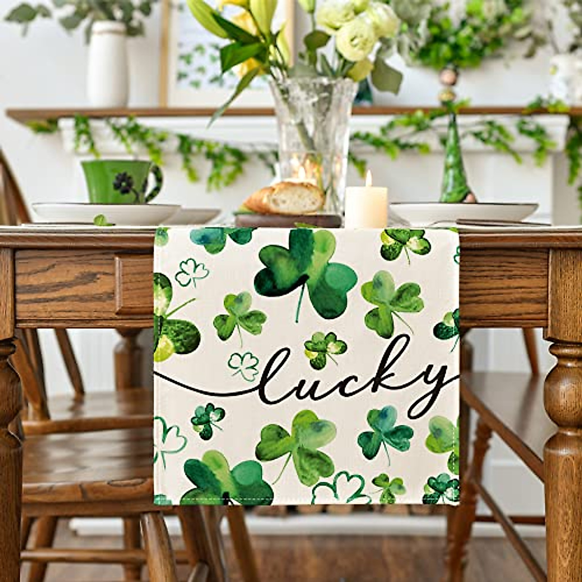 Artoid Mode Shamrock Lucky St. Patrick's Day Table Runner, Spring Holiday Kitchen Dining Table Decor for Indoor Outdoor Home Party Decor 13 x 72 Inch
