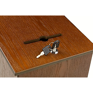 Wood Suggestion Box, Ballot Box with Side Pocket, Locking Hinged Lid and Pen, for Wall or Counter - Medium Oak (Ballots Not Included)