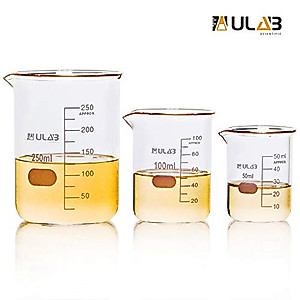 ULAB Scientific Glass Beaker Set, 3 Sizes 50ml 100ml 250ml, 3.3 Boro Griffin Low Form with Printed Graduation, UBG1001
