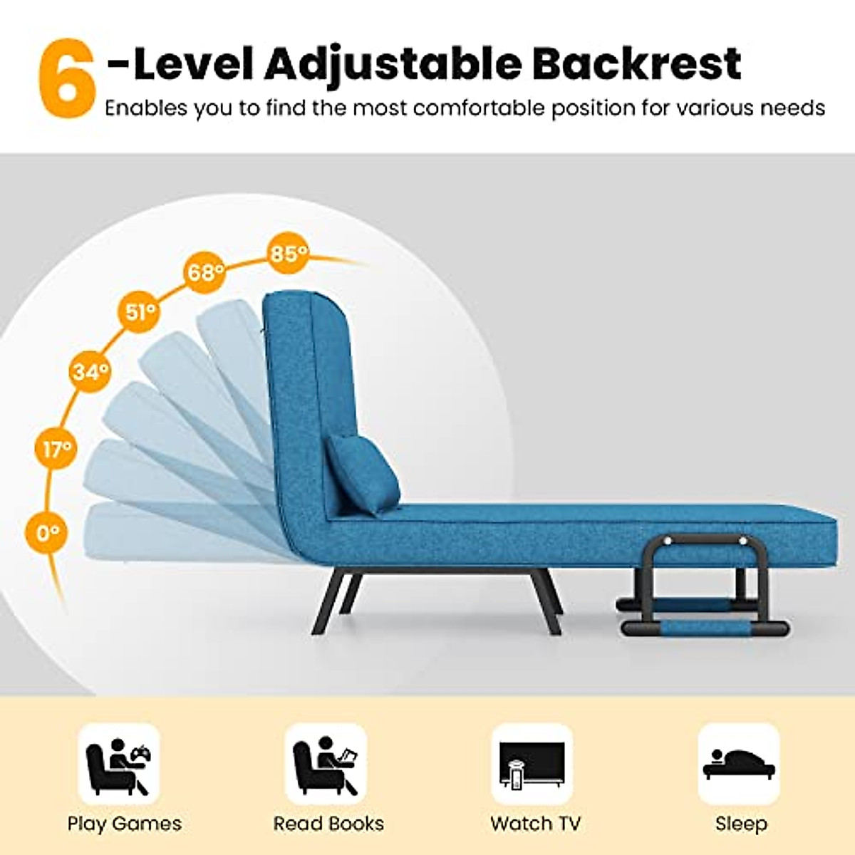 Giantex Convertible Sofa Bed, 4-in-1 Sleeper Chair with Pillow, Modern Recliner Guest Bed with 6 Positions Adjustable Backrest, Metal Legs, Linen Fabric Armchairs for Nursery Living Room Office (Blue)