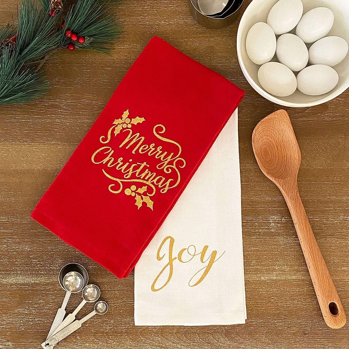 Elrene Home Fashions Merry Christmas and Joy Sentiments Cotton Christmas Holiday Kitchen Towels/Dish Towels/Hand Towels