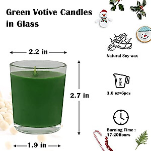 Set of 6 Green Votive Candles for Home Decoration Christmas Spring and St. Patrick's Day, 3oz Unscented Soy Wax Candle Filled in Clear Glass for Weddings Holidays Party and DIY