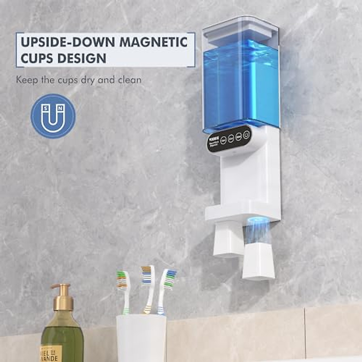 Automatic Mouthwash Dispenser for Bathroom-24.6FlOz 3 Adjustable Dispensing Levels MouthWash Dispenser for Bathroom Accessories with Magnetic Cups & Organizer, for Both All Age Groups Oral Care, White
