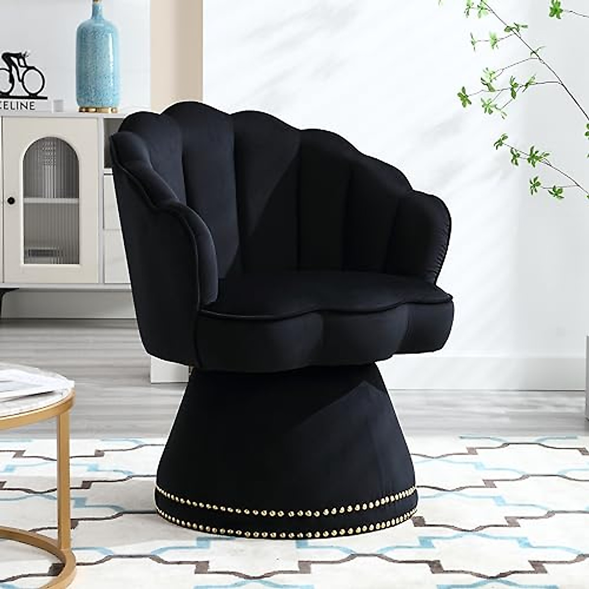 Sudwesto 360 Degree Swivel Barrel Chair, Velvet Upholstered Armchair, Round Accent Sofa Chair with Shell Back Design and Nailhead Trim, Swivel Club Chair for Living Room, Bedroom (Black)