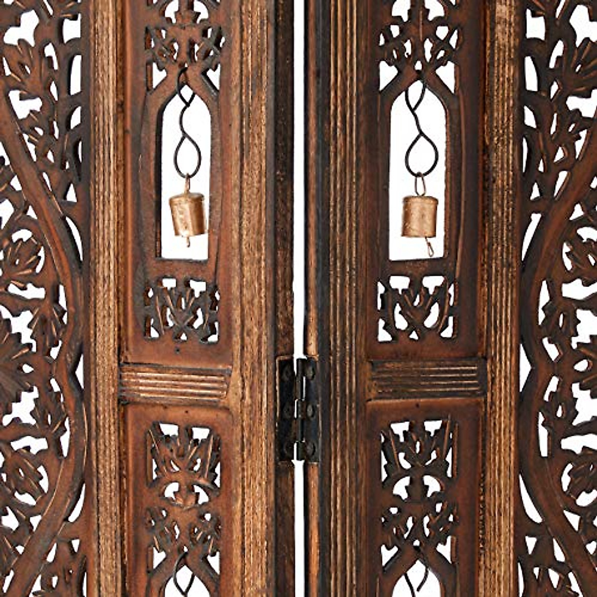 Cotton Craft Ghanti Bells - Antique Brown 4 Panel Handcrafted Wood Room Divider Screen 72x80 - With Tiny Bells - Intricately Carved On Both Sides