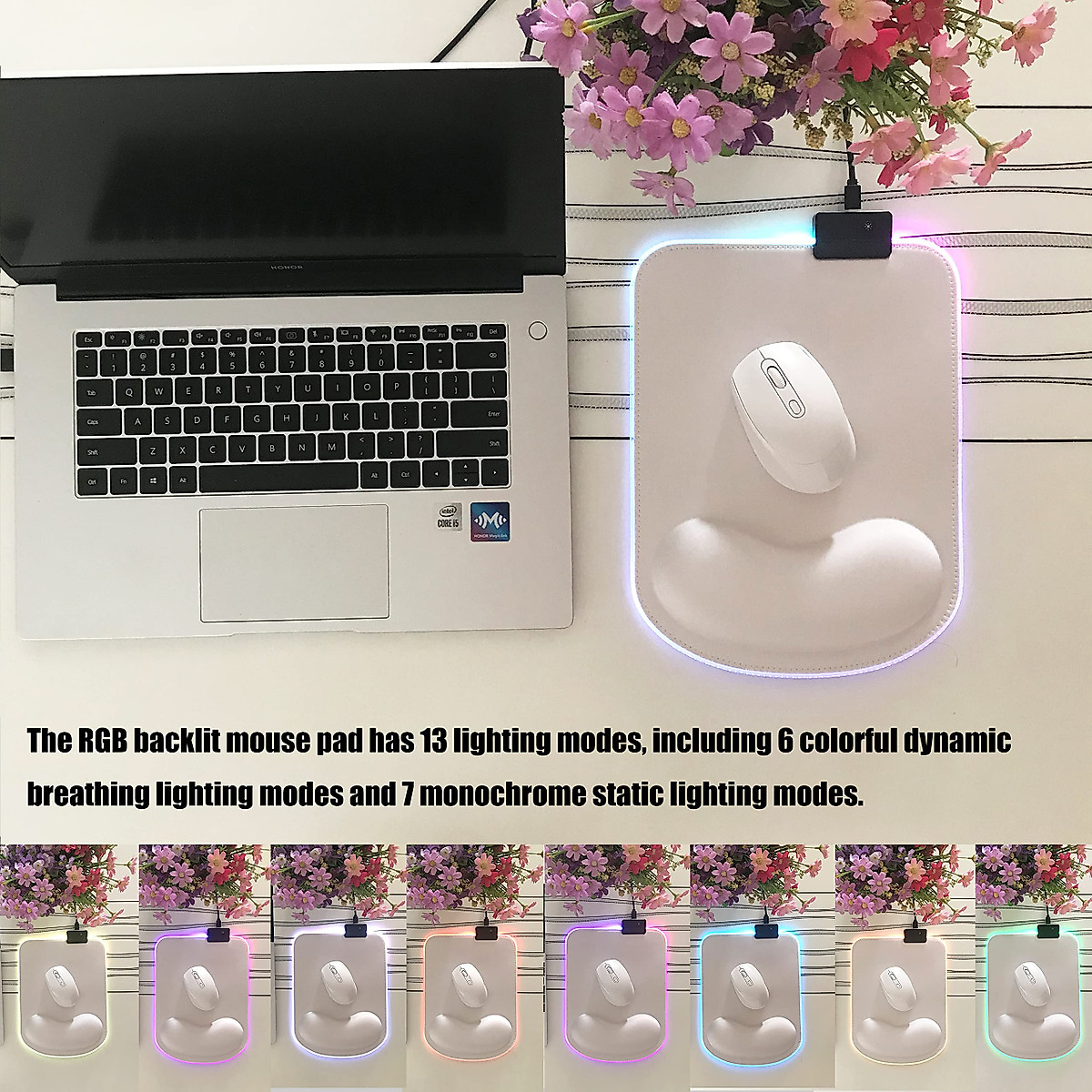 RGB Mouse Pad with Wrist Support, LED Mouse Pad with 13 Lighting Modes, Anti-Slip Rubber Base, Pain Relief Computer Ergonomic Mouse Pad for Gaming, Office, Home, 11.8 x 8.5 in (White)