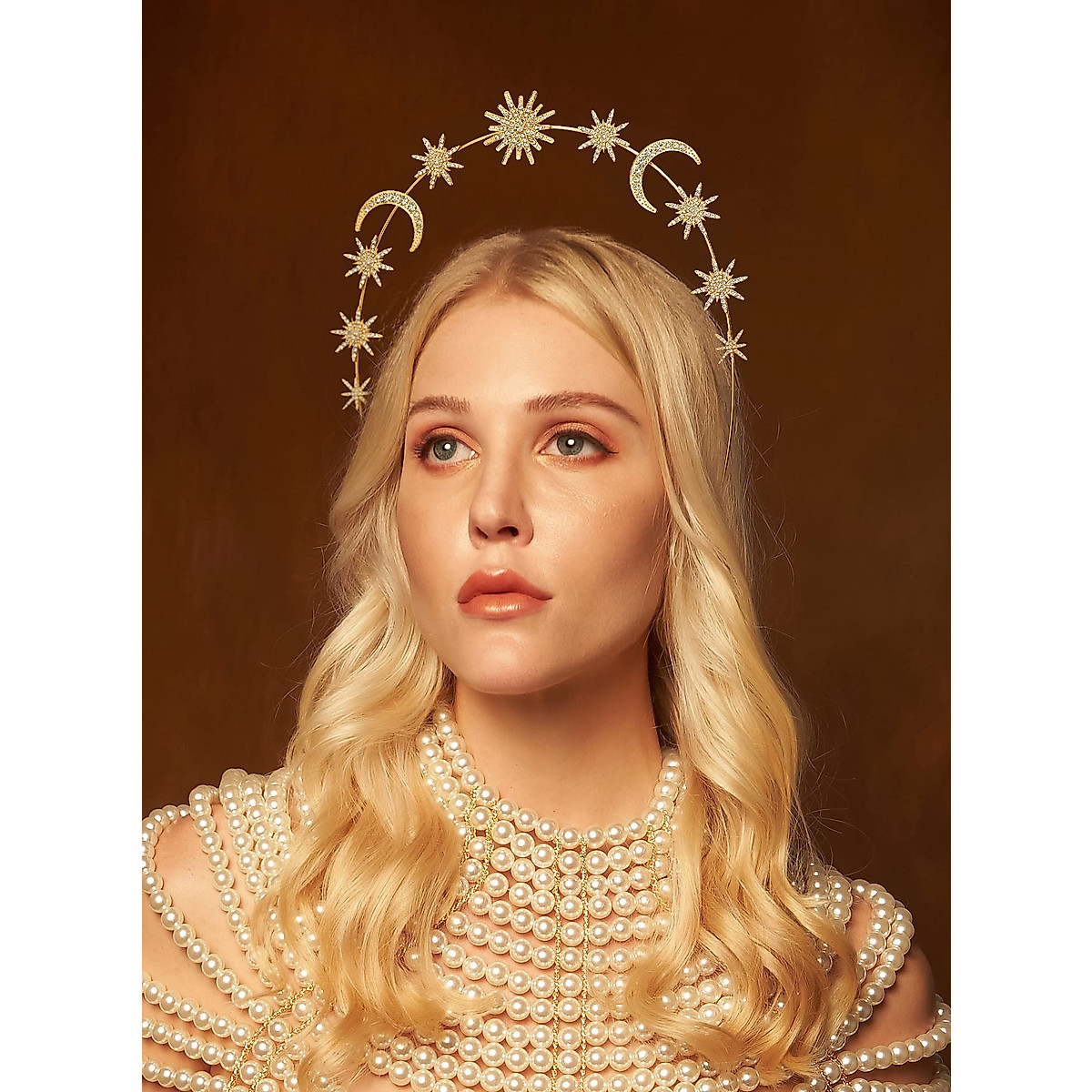 Star and Moon Halo Crown Goddess Crown Celestial Headband Starburst Halo Wedding Bridal Prom Tiara (2-Gold)