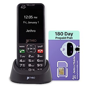 Jethro SC490 4G Unlocked Senior Cell Phone/Plan 6 Months, Unlimited Talk & Text, SIM Card Included, Easy-to-Use for Elders and Kids, Big Screen and Buttons, FCC Certified