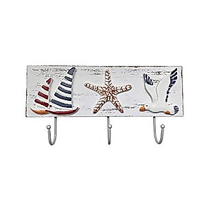 dwellington Beach Theme Towel Wall Mounted Hooks, Wood Coastal Starfish Seagull Key Holder Beach Themed Decor for Bathroom, Living Room, Bedroom
