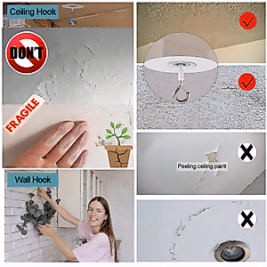 No Hole Adhesive Ceiling Hooks for Popcorn Concrete Textured Ceiling Unsmooth Wall Surface, No Drilling Self Adhesive Ceiling Hooks