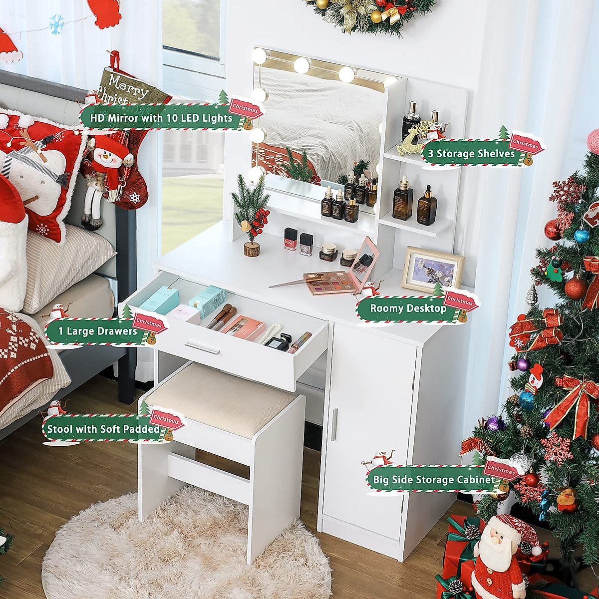 usikey Makeup Vanity Desk for Valentine's Day, Vanity Desk Set with 1 Drawer, 1 Cabinet & 3 Shelves, Makeup Vanity Table with Stool for Bedroom, 3 Lighting Modes & Brightness Adjustable, White