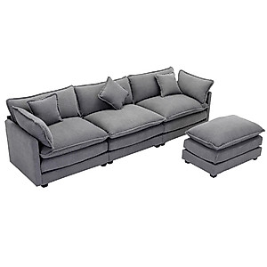 LyuHome 112.2" Sectional Sofa for Living Room, Convertible L-Shape Couch Modular 4 Seater Sofa Couch with Ottoman, 5 Pillows, Grey