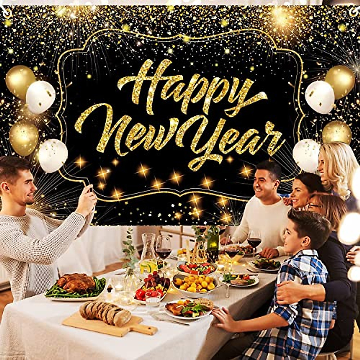 Extra Large Happy New Year Decorations Backdrop, 72x44 Inch New Years Eve Party Supplies Banner, 2023 New Year Photo Props Background Supplies Black Gold Sign Poster