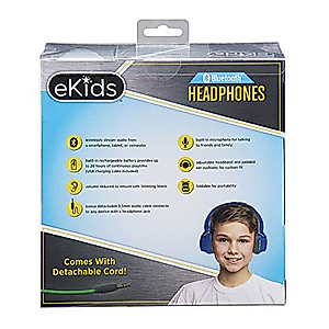 eKids Wireless Bluetooth Kids Headphones with Microphone, Portable Volume Reduced to Protect Hearing Rechargeable Battery, Adjustable Kids Headband for School Home or Travel Blue﻿