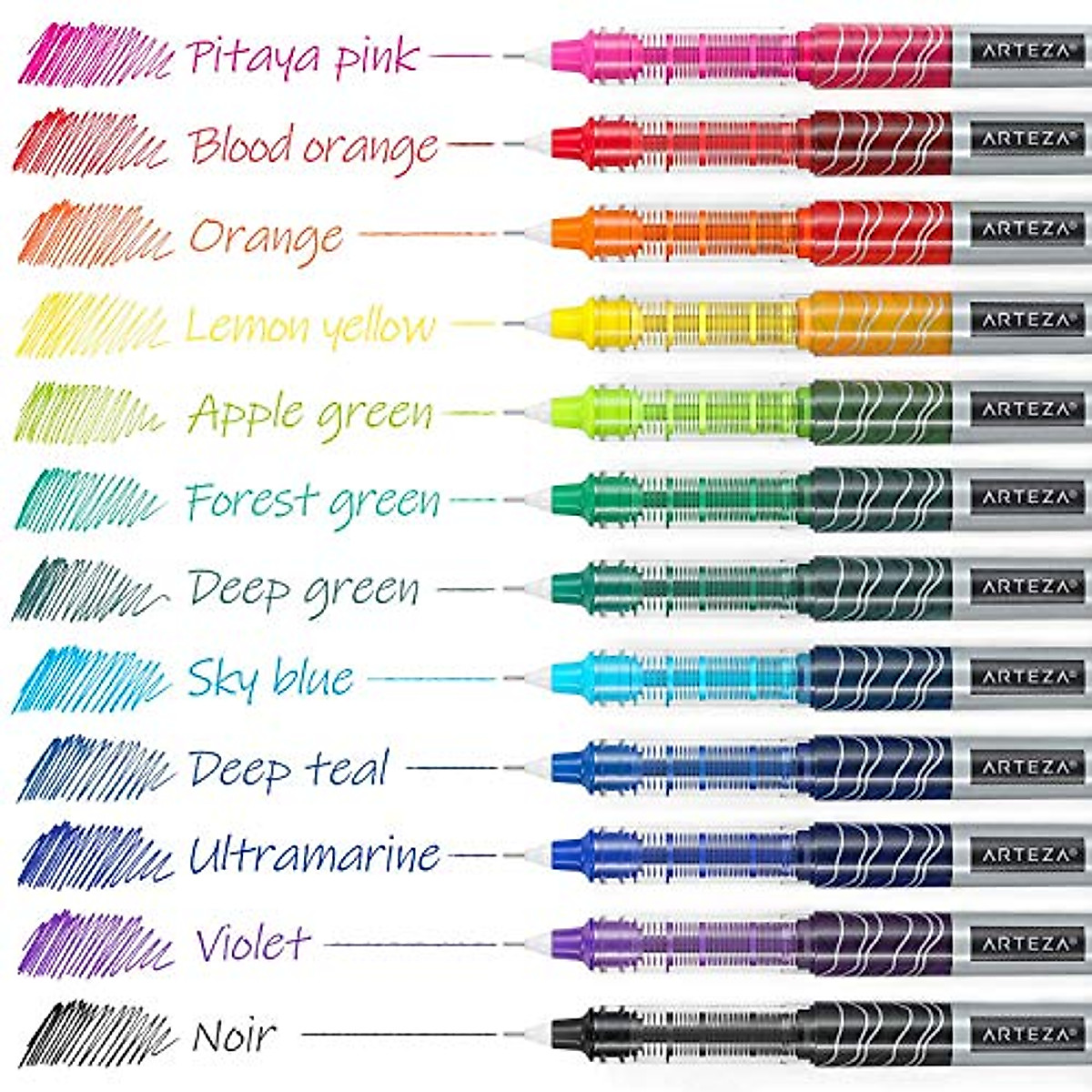 ARTEZA Rollerball Pens Fine Point, Set of 24 Colored Pens with Liquid Ink, Extra Fine 0.5 mm Needle Tip Pen, Make Precise Lines, Office Supplies for Writing, Notetaking, and Drawing