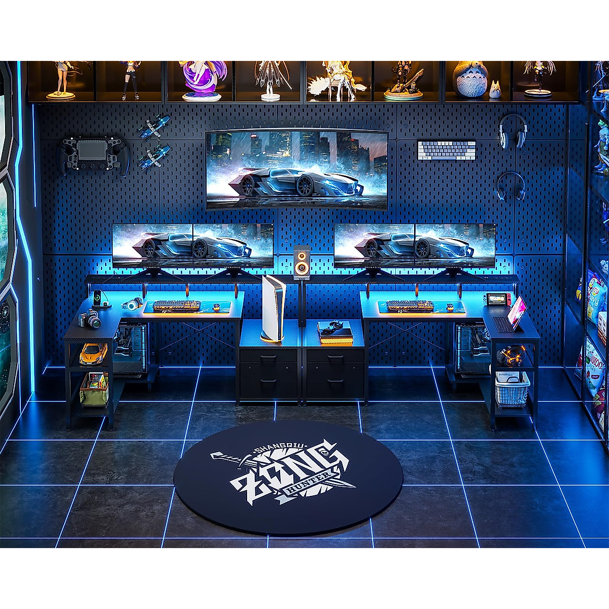 AODK 57 Inch L Shaped Gaming Computer Desk with USB Charging Ports & Power Outlets, Home Office Writing Corner Desk with Drawers and Monitor Stand, Study Table with LED Lighting, Carbon Black