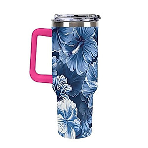 Blue Hawaiian Hibiscus Floral Insulated Tumbler with Lid And Straw Stainless Steel Travel Coffee Mug 40oz Light Rose Red-style
